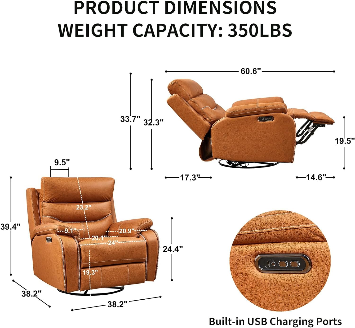 HLTIHOME Electric Dual Okin Motor Rocking and 240 Degree Swivel Single Sofa Seat Recliner Chair Infinite Position,Head Rest with Power Function, XL, Brown