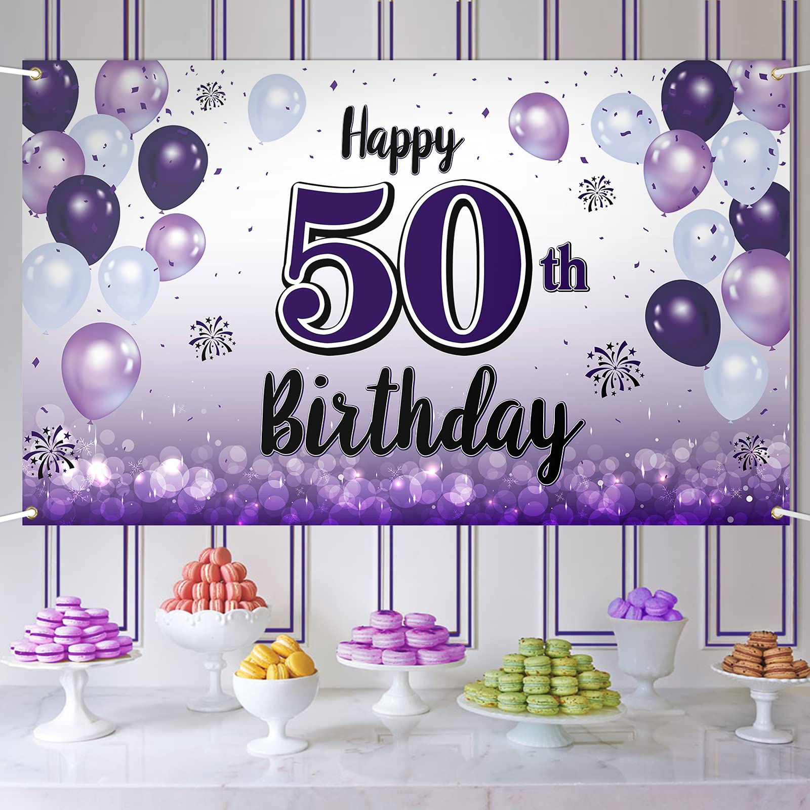 LASKYER Happy 50th Birthday Purple Large Banner - Cheers to Fifty Years Old Birthday Home Wall Photoprop Backdrop,50th Birthday Party Decorations.