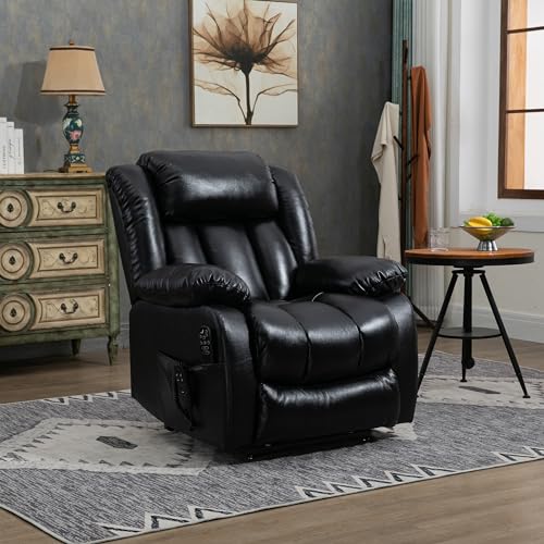 Electric Power Lift Chairs Recliner,Genuine Leather Upholstered Reclining Lifting Chair,Heated Vibration Massage Sofa Armchair, Dual Motor Infinite Position Lounge Couch w/Side Pockets and USB Ports