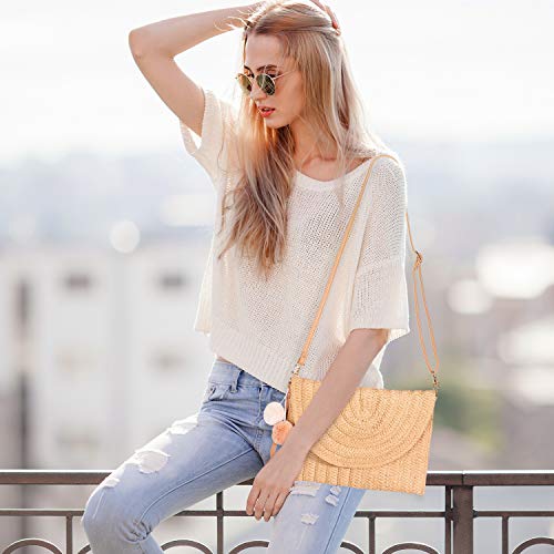 Frienda Straw Shoulder Bag Clutch Straw Crossbody Bag Beach Straw Handmade Bag Woven Rattan Bag for Women Envelope Wallet (Light Brown)