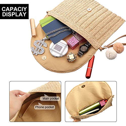 Frienda Straw Shoulder Bag Clutch Straw Crossbody Bag Beach Straw Handmade Bag Woven Rattan Bag for Women Envelope Wallet (Light Brown)