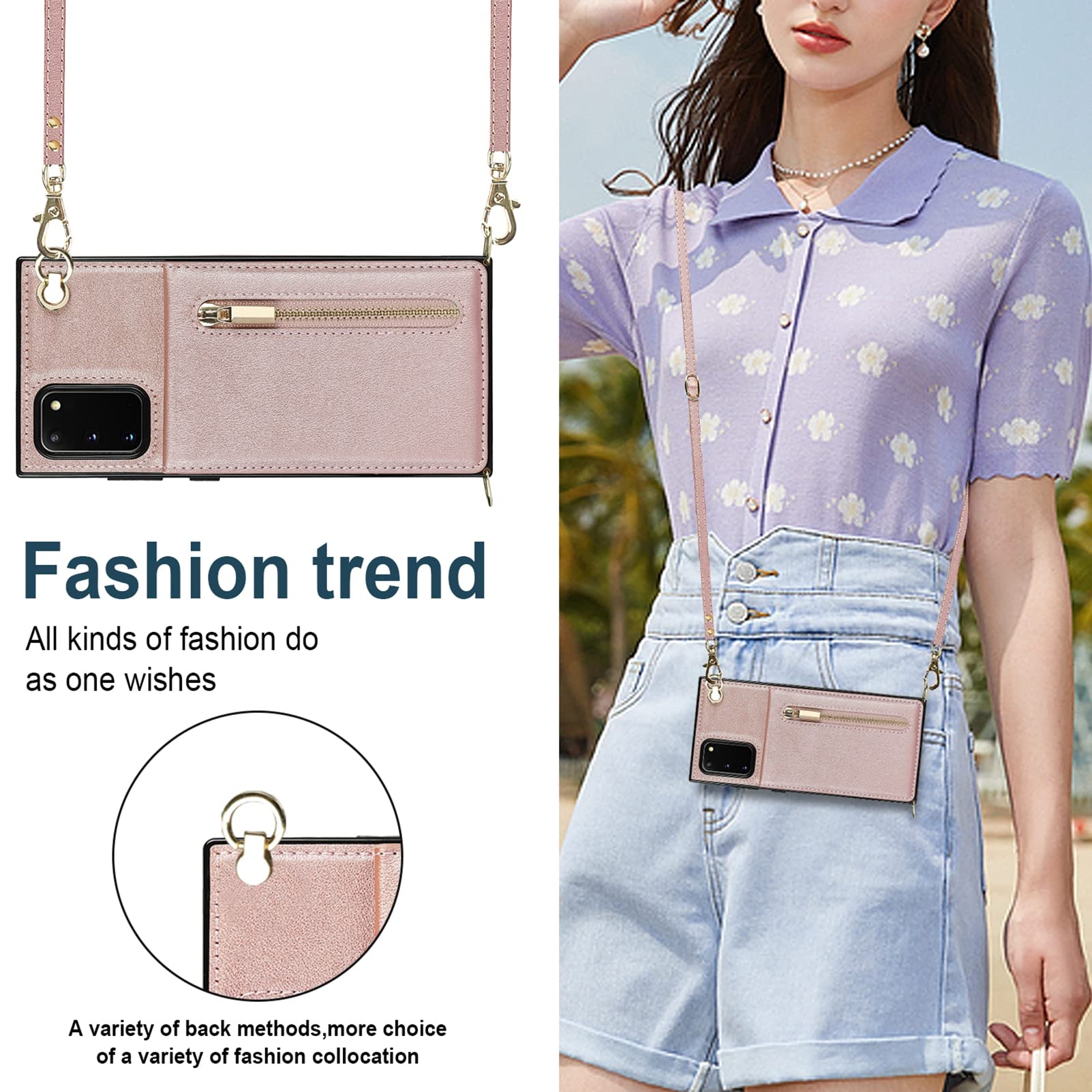Jaorty Crossbody Case for Samsung Galaxy S20 FE 5G Case with Card Holder,6.5" (NOT for S20) Galaxy S20 FE 5g Phone Case Wallet with Strap for Women, Credit Card Slots Cases Lanyard Kickstand,Rosegold