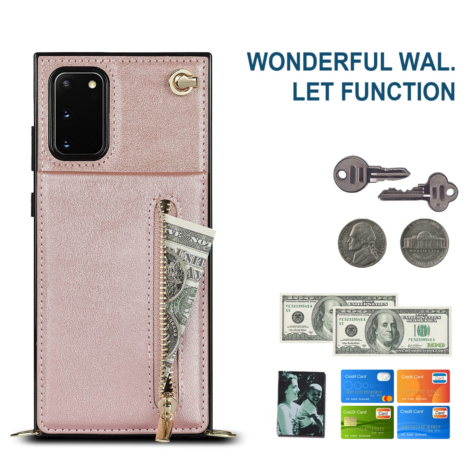 Jaorty Crossbody Case for Samsung Galaxy S20 FE 5G Case with Card Holder,6.5" (NOT for S20) Galaxy S20 FE 5g Phone Case Wallet with Strap for Women, Credit Card Slots Cases Lanyard Kickstand,Rosegold
