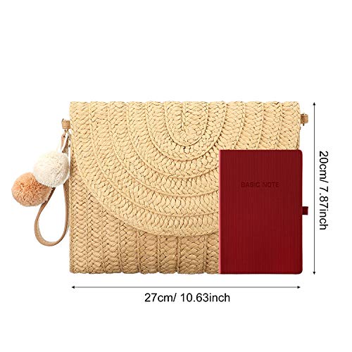 Frienda Straw Shoulder Bag Clutch Straw Crossbody Bag Beach Straw Handmade Bag Woven Rattan Bag for Women Envelope Wallet (Light Brown)