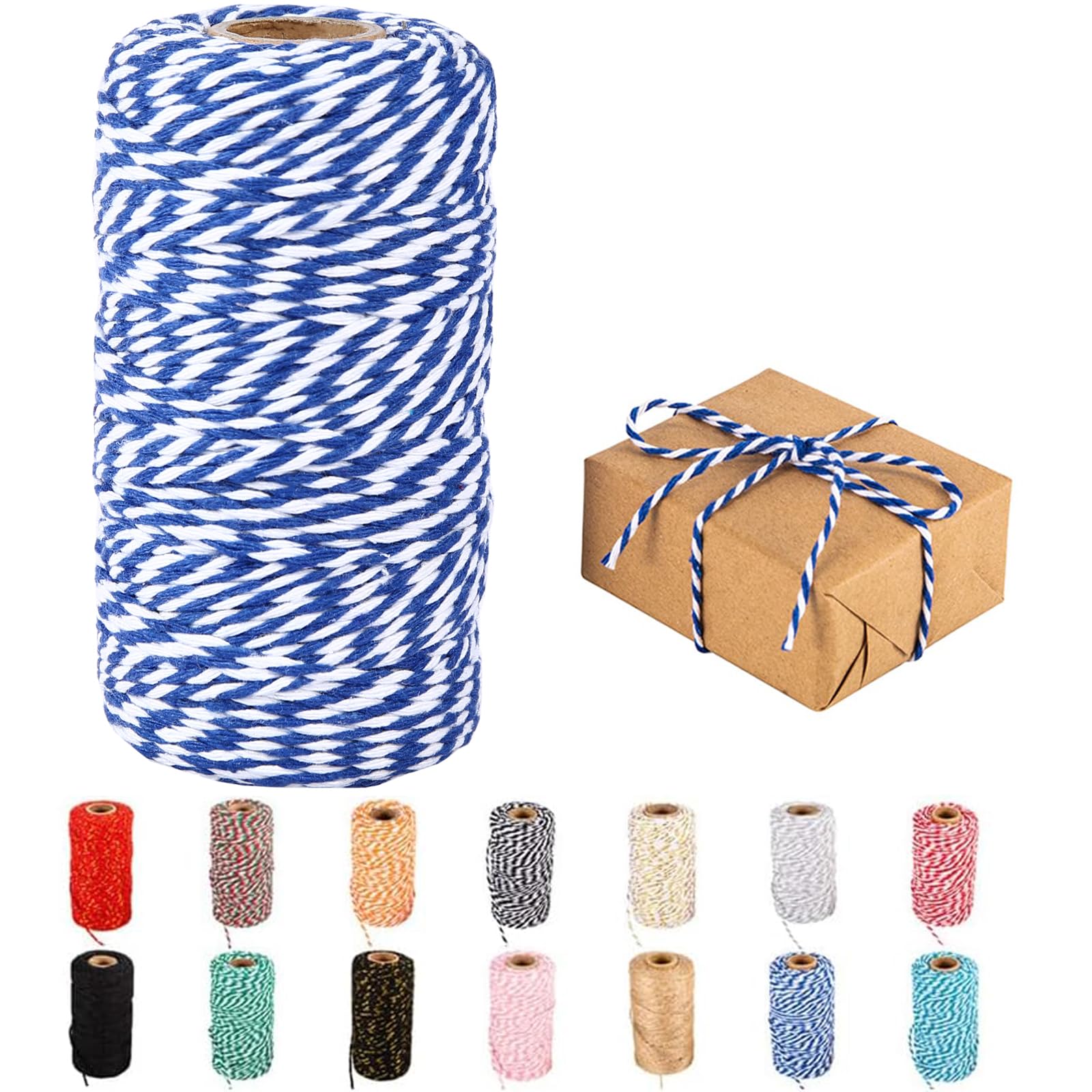Cotton Bakers Twine，328 Feet Cotton Cord Crafts Twine String Natural Blue Cotton String Twine for Gift Wrapping, Christmas Decor, Bottle Decorations, Baby Shower Decor