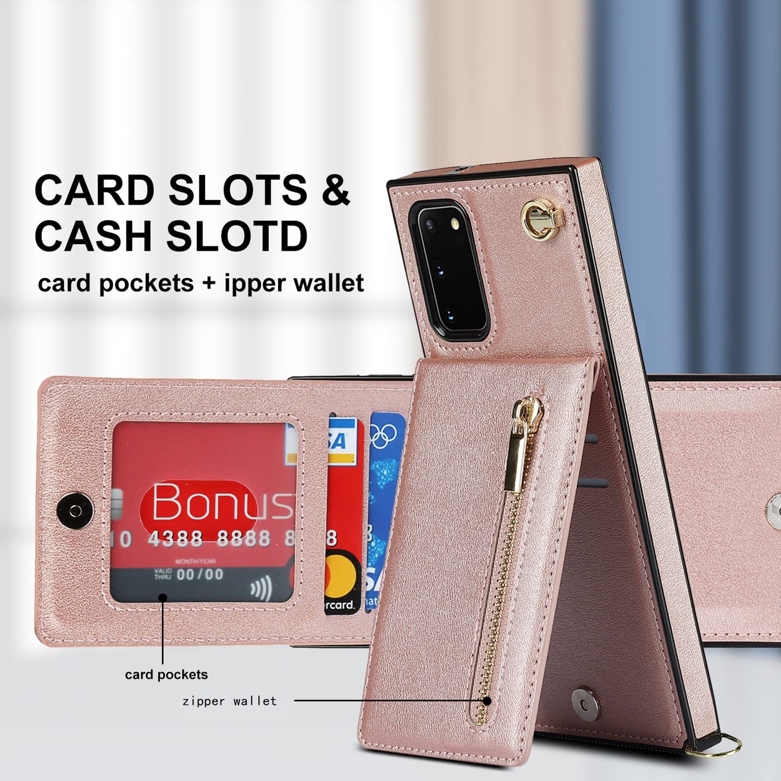 Jaorty Crossbody Case for Samsung Galaxy S20 FE 5G Case with Card Holder,6.5" (NOT for S20) Galaxy S20 FE 5g Phone Case Wallet with Strap for Women, Credit Card Slots Cases Lanyard Kickstand,Rosegold