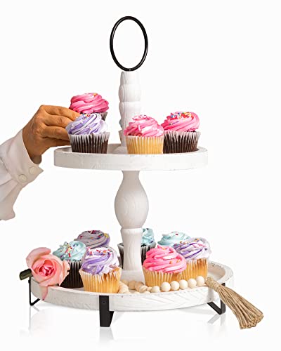 K'DCOR Two Tier Tray with Metal Legs - 2 Tiered Tray Stand - farmhouse centerpieces for dining room table - Tier Tray Stand - Tiered Trays - bandejas decorativas para mesa de sala