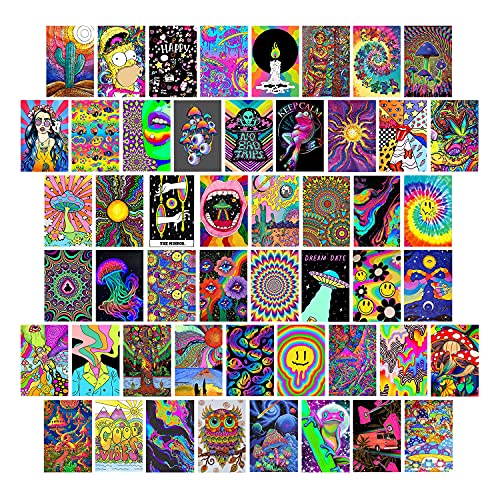 Woonkit Trippy Room Decor, Indie Room Decor, Hippie Room Decor, Indie Hippie Trippy Posters, Teen Wall Bedroom Dorm Aesthetic Poster, Photo Wall Collage Kit Pictures, Psychedelic Posters, 50PCS 4X6 INCH
