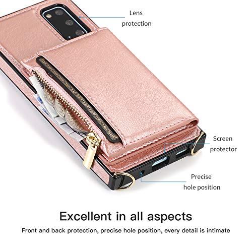 UEEBAI Crossbody Wallet Case for Samsung Galaxy S20 FE 5G, PU Leather Zipper Wallet Case with Card Slots with Removable Crossbody Wrist Strap Kickstand Magnetic Flip Case Cover - Rose Gold