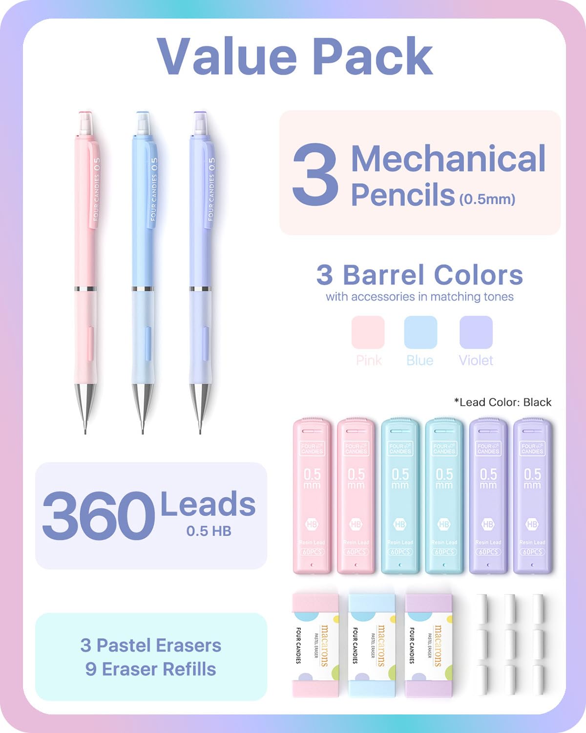 Four Candies Pastel Mechanical Pencil Set - 3PCS 0.5mm Mechanical Pencils with 240PCS HB Lead Refills, 3PCS Erasers and 9PCS Eraser Refills, Cute Colored Mechanical Pencils for Drawing & Writing