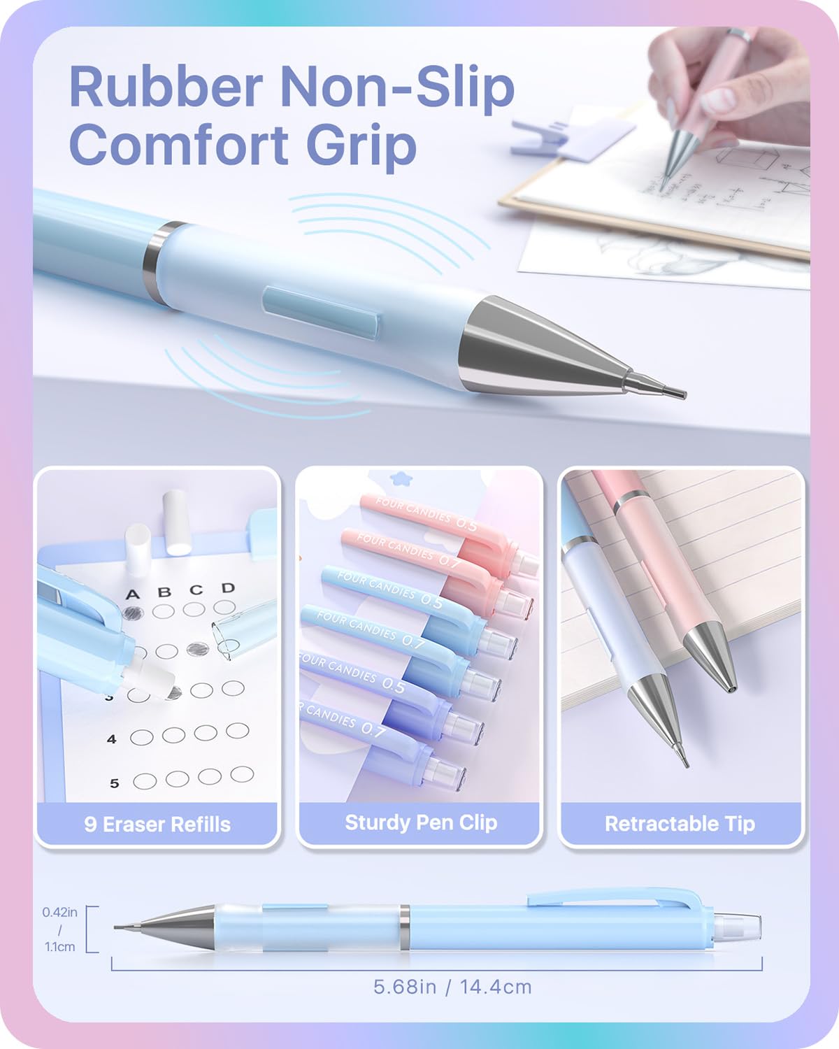Four Candies Pastel Mechanical Pencil Set - 3PCS 0.5mm Mechanical Pencils with 240PCS HB Lead Refills, 3PCS Erasers and 9PCS Eraser Refills, Cute Colored Mechanical Pencils for Drawing & Writing