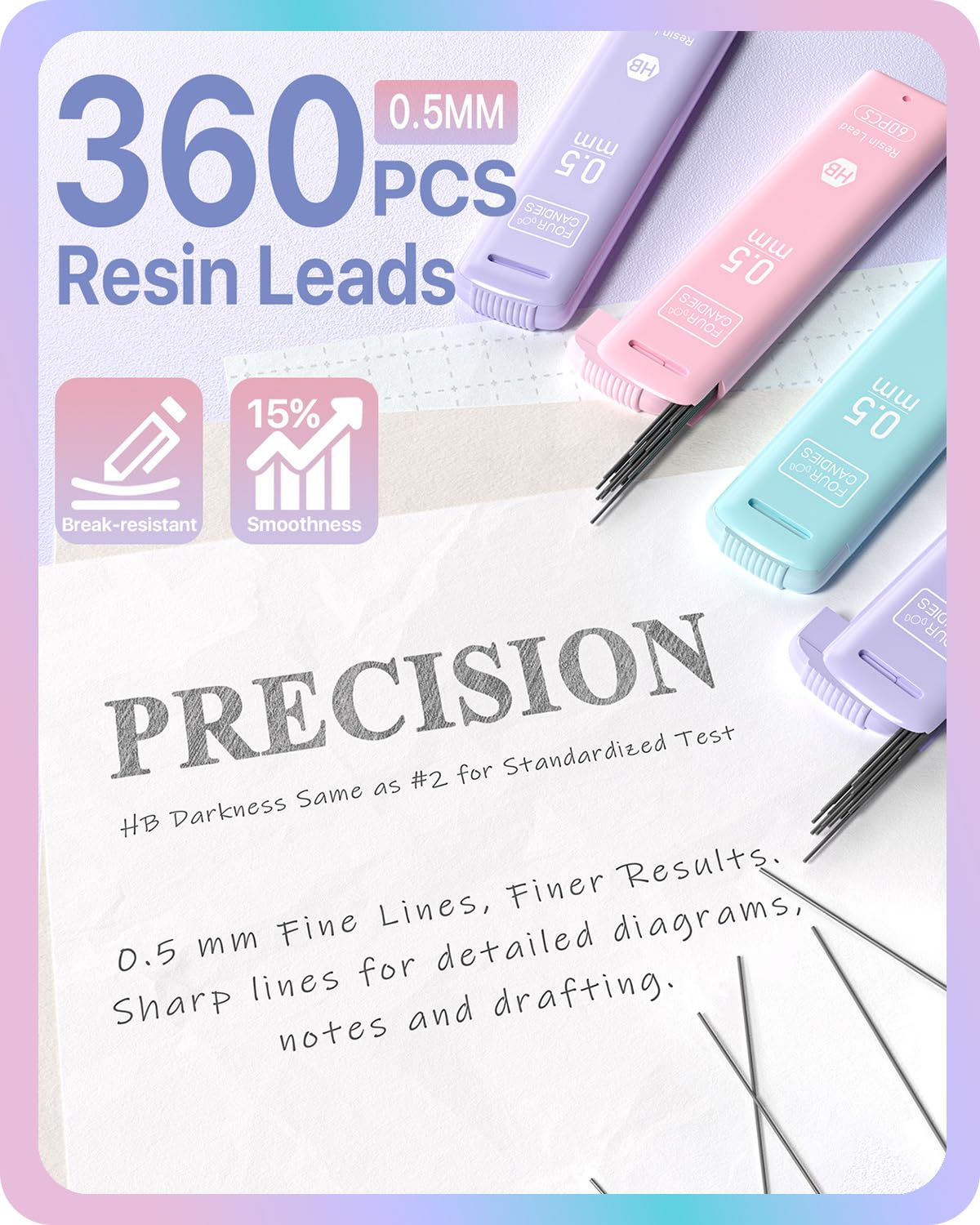 Four Candies Pastel Mechanical Pencil Set - 3PCS 0.5mm Mechanical Pencils with 240PCS HB Lead Refills, 3PCS Erasers and 9PCS Eraser Refills, Cute Colored Mechanical Pencils for Drawing & Writing