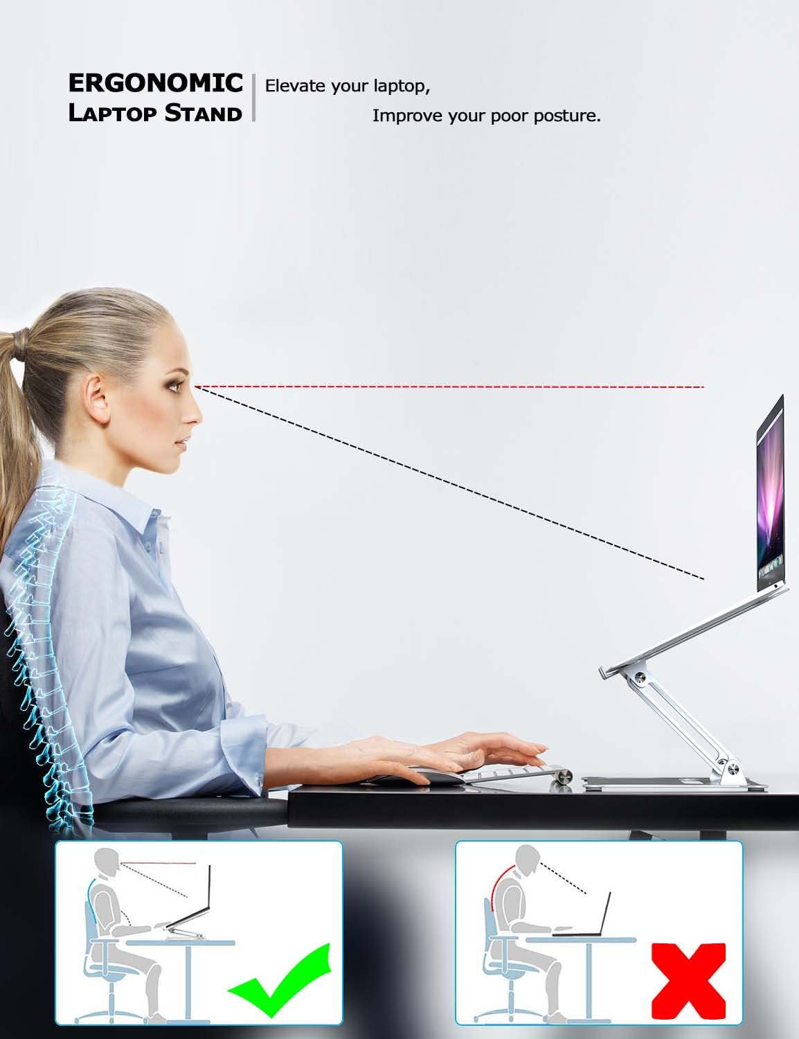 PHOCAR Laptop Riser Stand, Adjustable Laptop Stand Notebook Cooling Stand Foldable Aluminum Portable Computer Stand Compatible for MacBook,HP, Lenovo,Surface,Dell, ASUS, Laptops up to 17 Inch-Silver