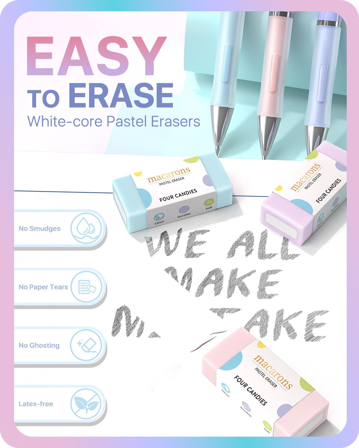 Four Candies Pastel Mechanical Pencil Set - 3PCS 0.5mm Mechanical Pencils with 240PCS HB Lead Refills, 3PCS Erasers and 9PCS Eraser Refills, Cute Colored Mechanical Pencils for Drawing & Writing