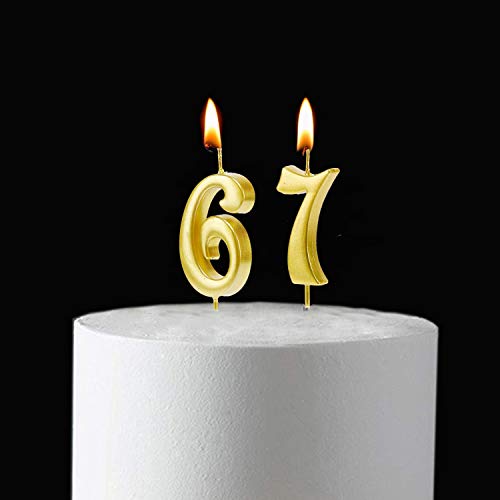 MMJJ Gold 67th Birthday Candles, Number 67 Cake Topper for Birthday Decorations