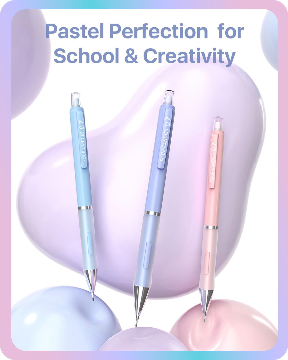 Four Candies Pastel Mechanical Pencil Set - 3PCS 0.5mm Mechanical Pencils with 240PCS HB Lead Refills, 3PCS Erasers and 9PCS Eraser Refills, Cute Colored Mechanical Pencils for Drawing & Writing