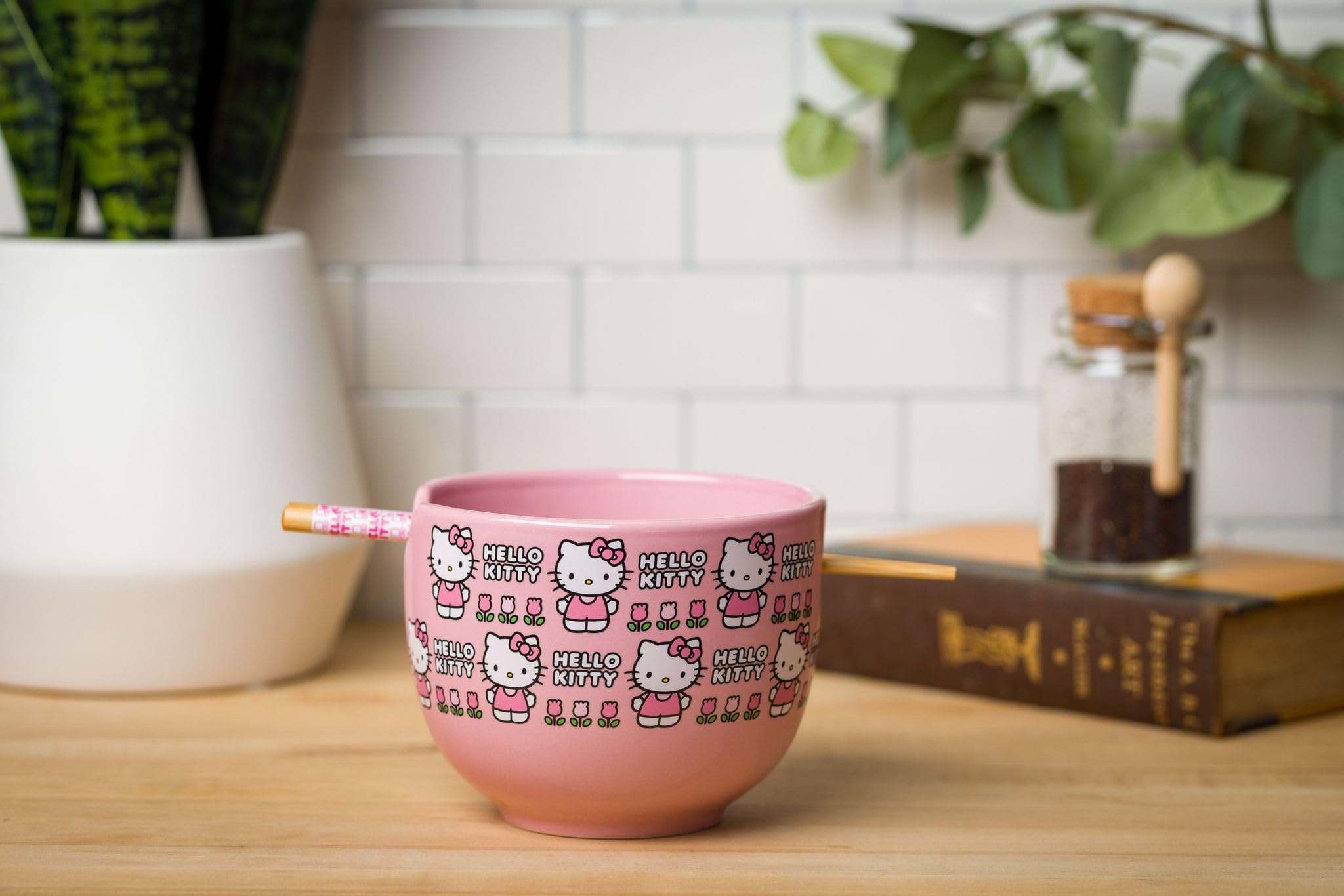 Silver Buffalo Sanrio Hello Kitty Flowers Pattern Ceramic Ramen Noodle Rice Bowl with Chopsticks, Microwave Safe, 20 Ounces