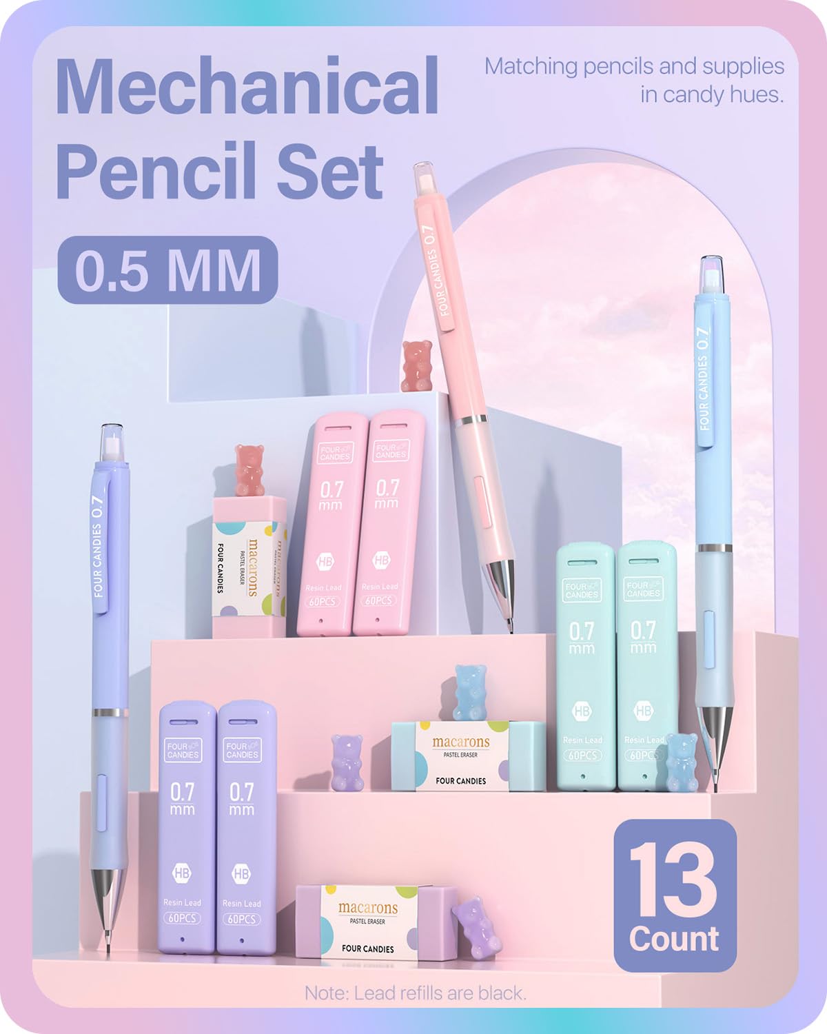 Four Candies Pastel Mechanical Pencil Set - 3PCS 0.5mm Mechanical Pencils with 240PCS HB Lead Refills, 3PCS Erasers and 9PCS Eraser Refills, Cute Colored Mechanical Pencils for Drawing & Writing