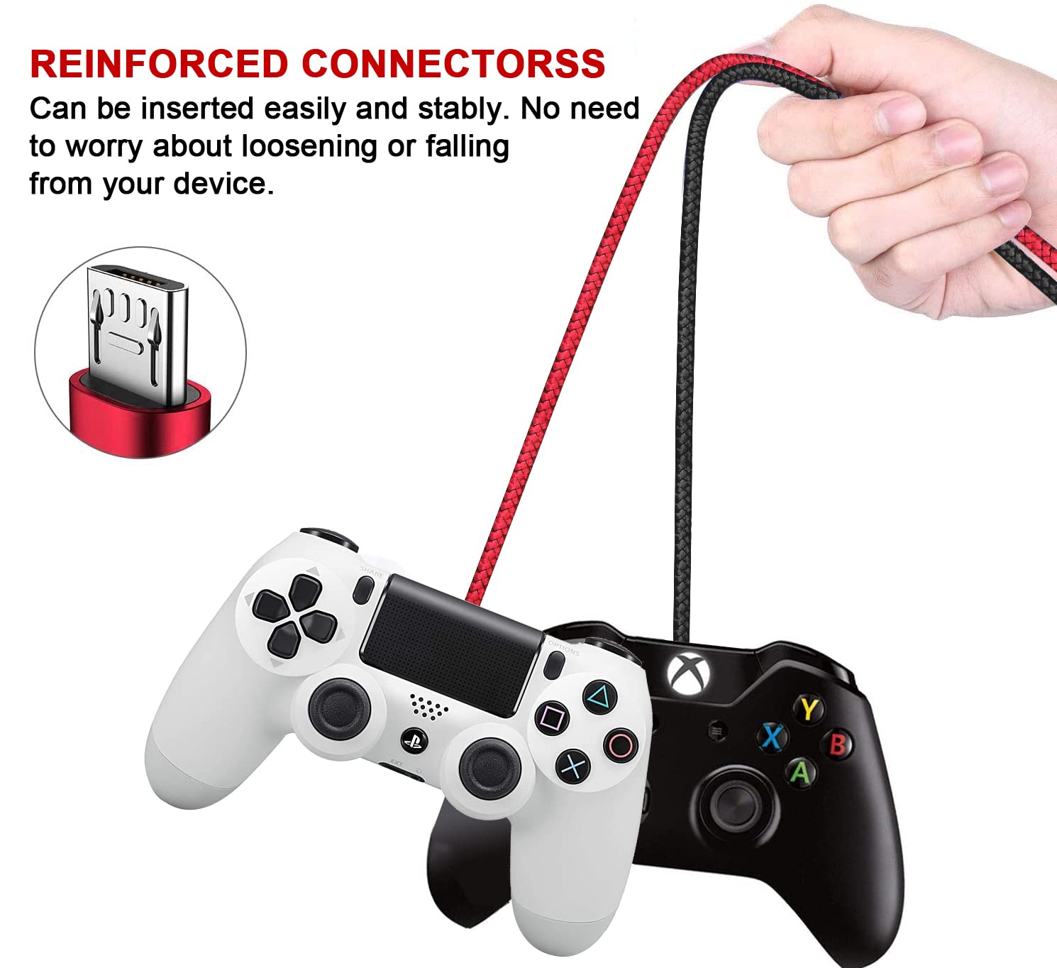XUANMEIKE Charger Cable for Xbox One Controller, 2 Pack 10FT Super Long Nylon Charging Cable, Compatible with Xbox One S/X, PS4 Slim/Pro Controller, Android Phone (Black & Red)