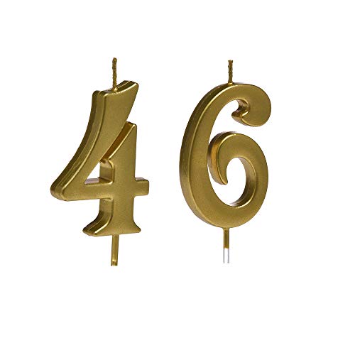 MMJJ Gold 46th Birthday Candles, Number 46 Cake Topper for Birthday Decorations