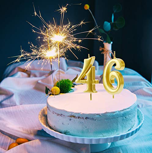 MMJJ Gold 46th Birthday Candles, Number 46 Cake Topper for Birthday Decorations