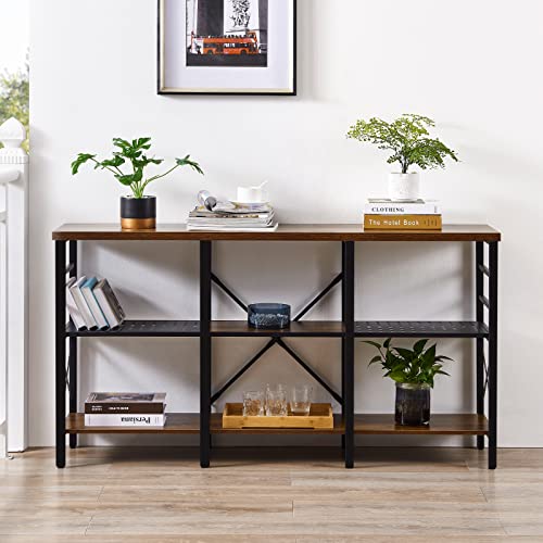 HOMISSUE 3-Tier Console Sofa Table, Industrial Vintage 60-Inch Long Entryway Table with Open Storage Shelf for Living Room, Hallway, Brown