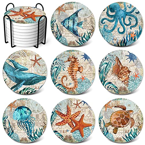 Absorbent Coasters Stone Coaster Set of 8, Cork Base, with Holder, RayPard Beach Theme Sea Life Coastal Coasters for Housewarming Apartment Kitchen Room Bar Decor ,Ocean Life(Black Holder)
