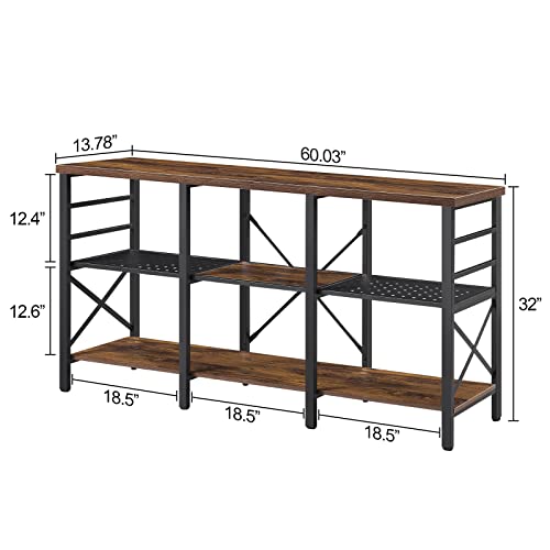HOMISSUE 3-Tier Console Sofa Table, Industrial Vintage 60-Inch Long Entryway Table with Open Storage Shelf for Living Room, Hallway, Brown