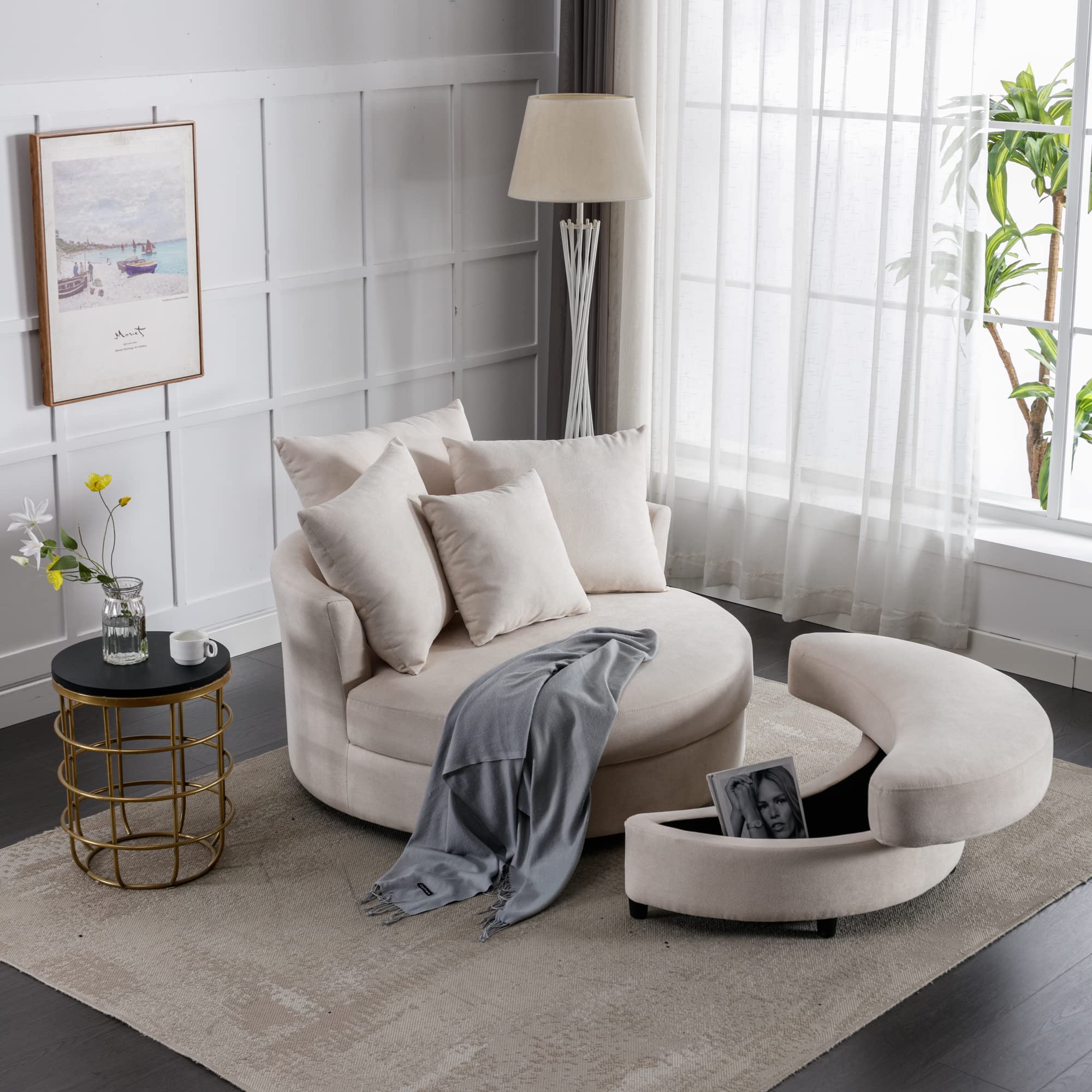 Yehha Sofa 360 Swivel Top Barrel Storage Ottoman & 4 Pillows, Modern Linen Leisure Chair Round Accent for Living Room Bedroom, Creamy White