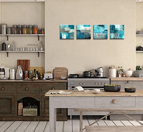 Abstract Wall Art Canvas Turquoise and Grey Abstract Art Painting Canvas Artwork Contemporary Wall Art for Bathroom Bedroom Living Room Kitchen Wall Decor 12" x 12" x 4 Pieces Canvas Prints