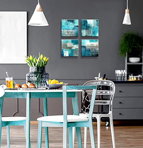 Abstract Wall Art Canvas Turquoise and Grey Abstract Art Painting Canvas Artwork Contemporary Wall Art for Bathroom Bedroom Living Room Kitchen Wall Decor 12" x 12" x 4 Pieces Canvas Prints