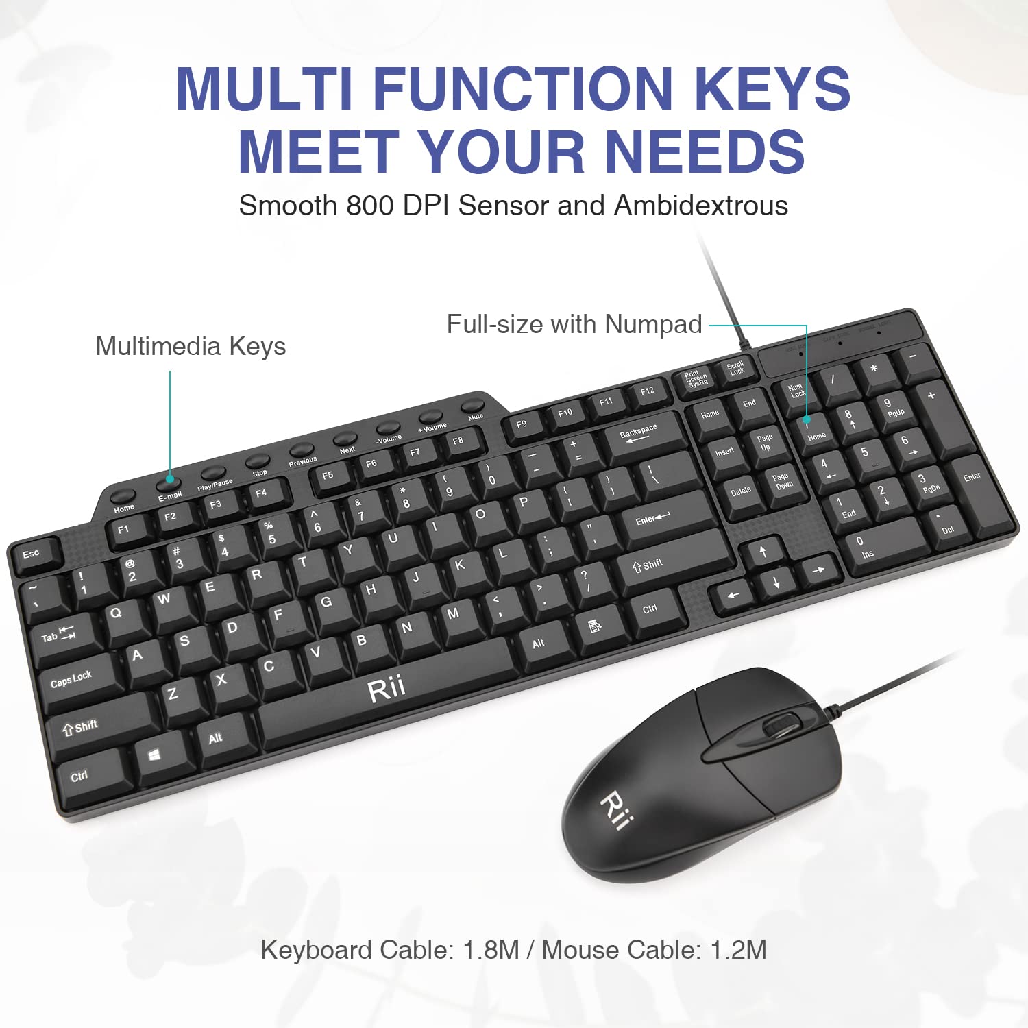 (2PACK) Wired Keyboard and Mouse,Rii RK203 Ultra Full Size Slim USB Basic Wired Keyboard Mouse Combo Set with Number Pad for Computer,Laptop,PC,Notebook,Windows