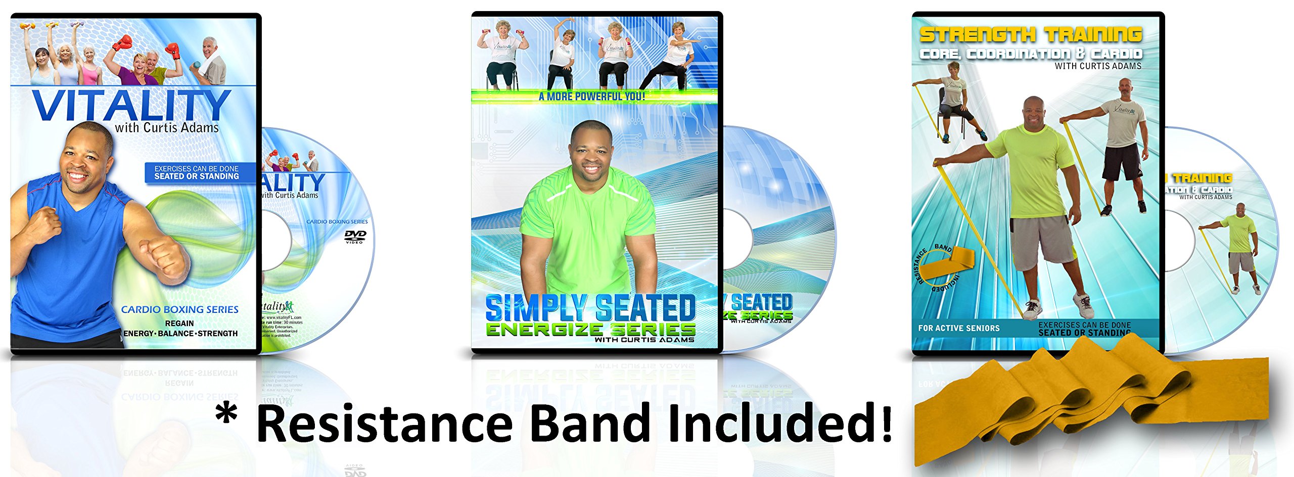 Exercise for Seniors DVD Program- 3 Senior exercise DVDs + Resistance Band. Demonstrated both as standing and chair exercise you choose what is best for you. Fun, easy to follow, go at your own pace.