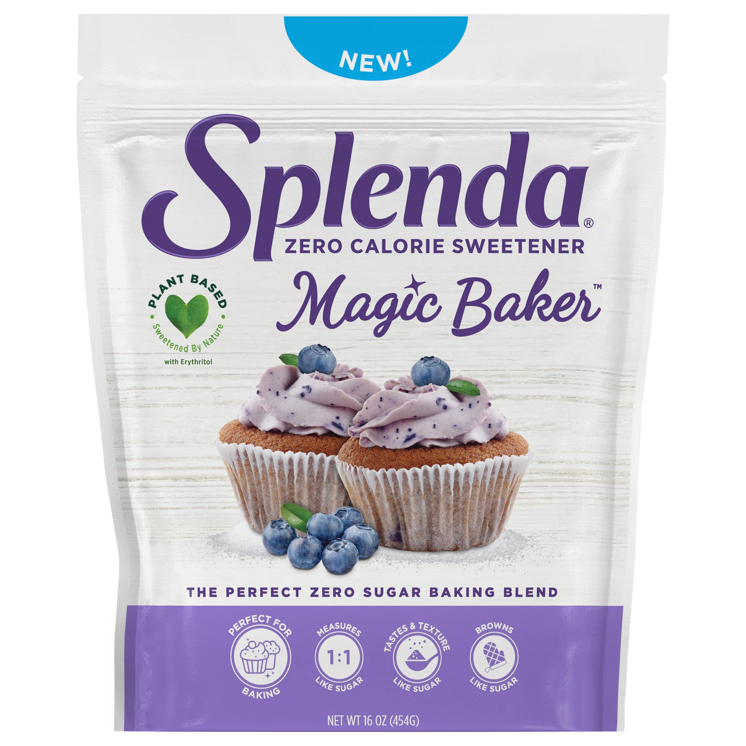 SPLENDA Magic Baker Zero Calorie Plant Based Granulated Baking Blend with Stevia, Erythritol and Allulose – Zero Sugar, Keto Friendly, 1lb (16 oz) Pouch (Pack of 1), White