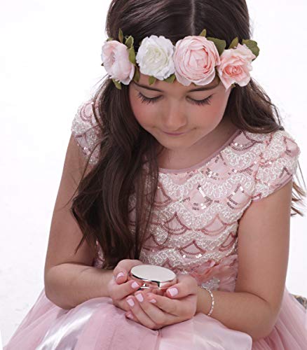 Cherished Moments Personalized Small Round Jewelry Keepsake Box that has Custom Engraved Cross and Message for First Communion Gift for Girls, Silver Toned