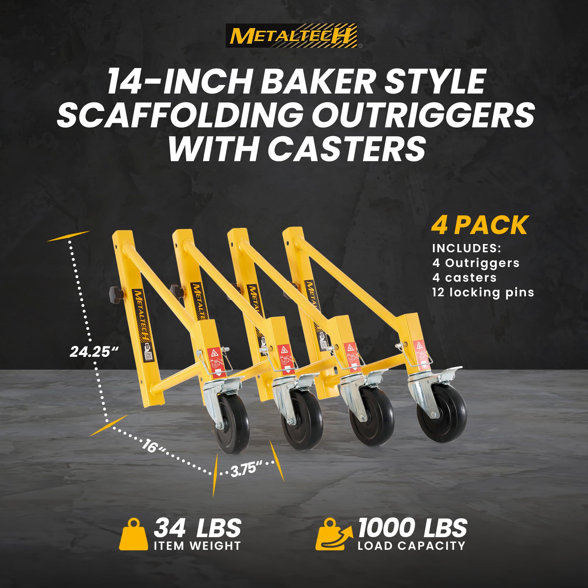 MetalTech 4 Pack Scaffold Outriggers, Baker Style Scaffolding Accessory Wheels, 14 Inch