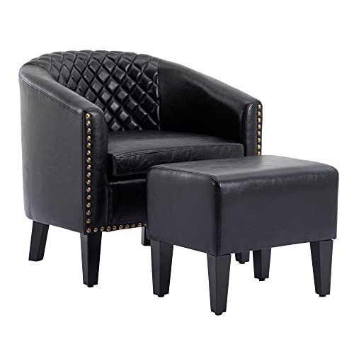 QQU Accent Sofa Chair with Ottoman, Faux Leather Modern Barrel Chair with Iron Legs and Round Arms, Upholstered Chair for Living Room, Bedroom(Black)