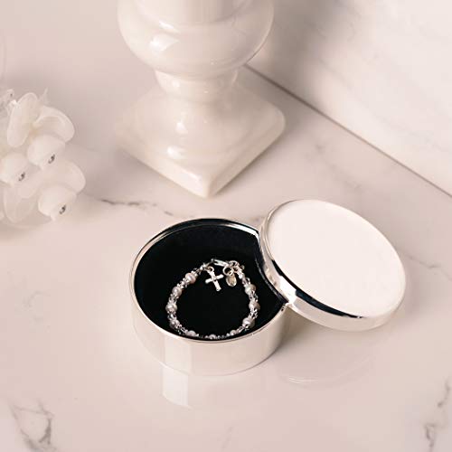Cherished Moments Personalized Small Round Jewelry Keepsake Box that has Custom Engraved Cross and Message for First Communion Gift for Girls, Silver Toned