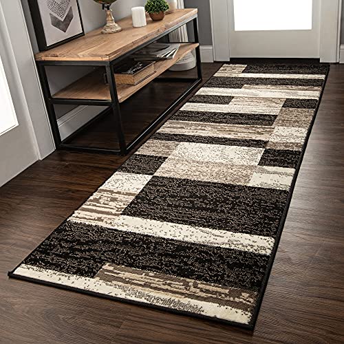 SUPERIOR Indoor Runner Area Rug with Non-Slip Backing for Bedroom, Dorm, Living Room, Entryway, Perfect for Hardwood Floors - Rockwood Modern Geometric Design, 2'7" X 6', Chocolate