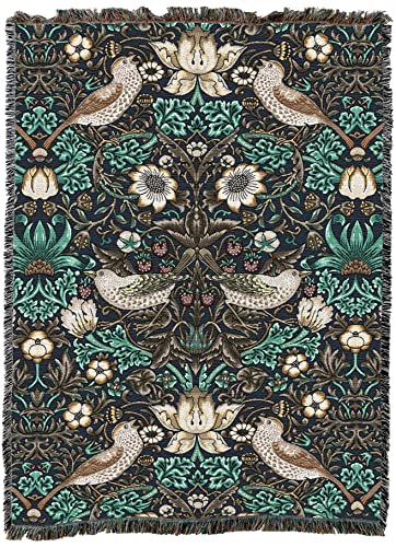 Pure Country Weavers William Morris Strawberry Thief Slate Blanket XL - Arts & Crafts - Gift Tapestry Throw Woven from Cotton - Made in The USA (82x62)