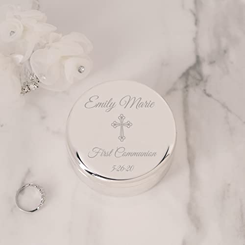 Cherished Moments Personalized Small Round Jewelry Keepsake Box that has Custom Engraved Cross and Message for First Communion Gift for Girls, Silver Toned