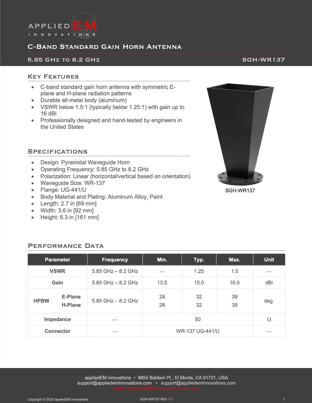 appliedEM innovations C-Band Standard Gain Horn Antenna - 5.85 GHz to 8.2 GHz (WR-137)