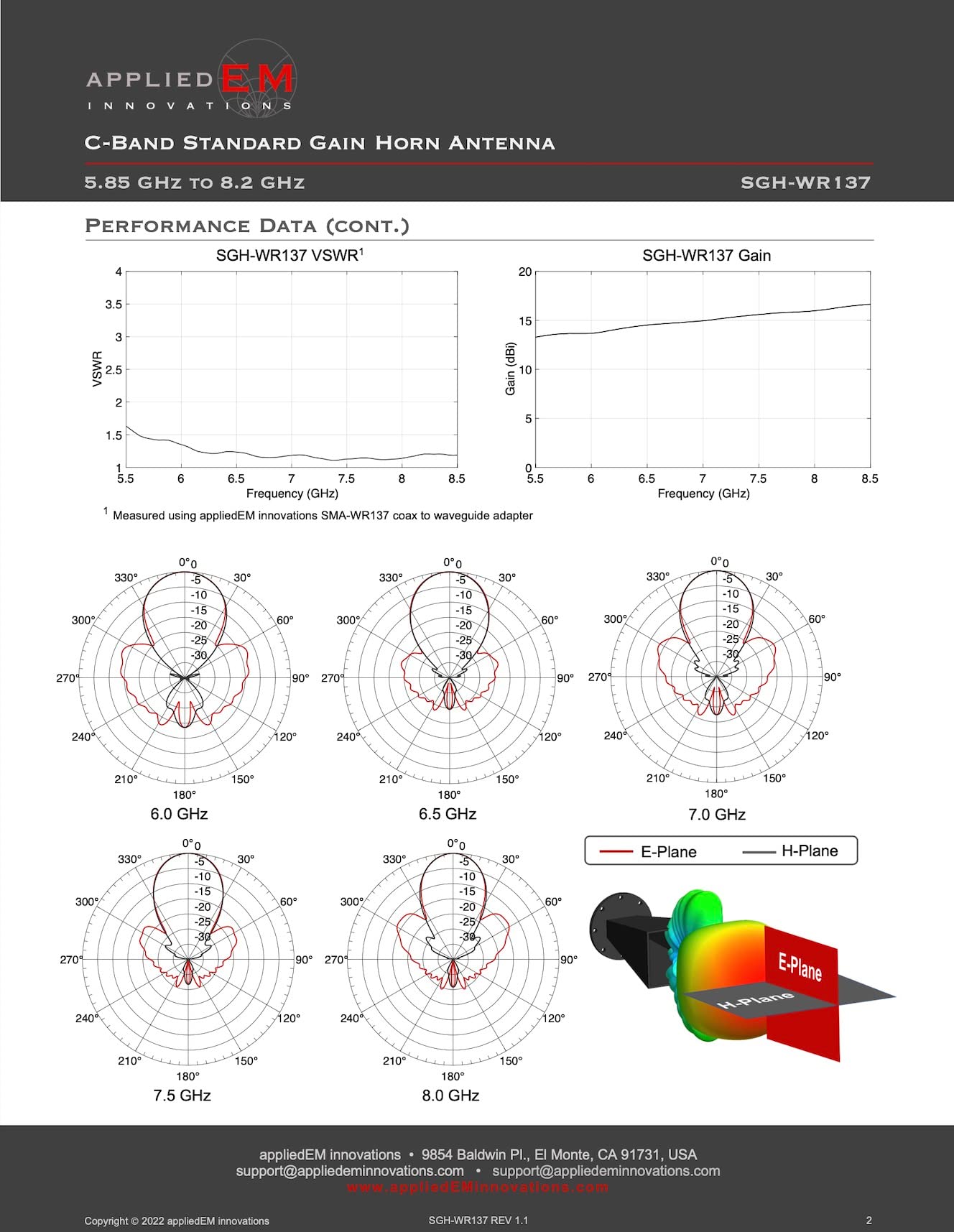 appliedEM innovations C-Band Standard Gain Horn Antenna - 5.85 GHz to 8.2 GHz (WR-137)