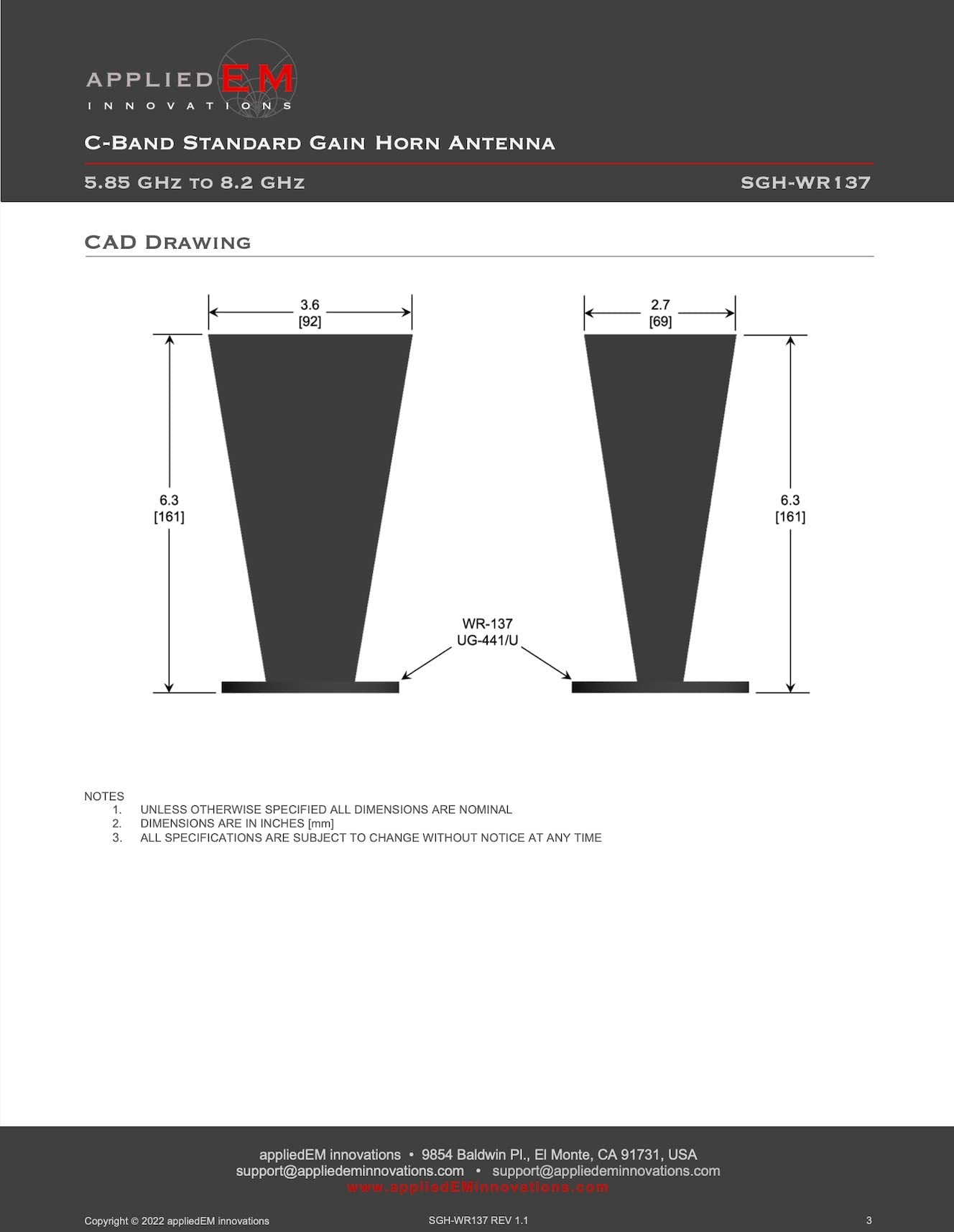 appliedEM innovations C-Band Standard Gain Horn Antenna - 5.85 GHz to 8.2 GHz (WR-137)