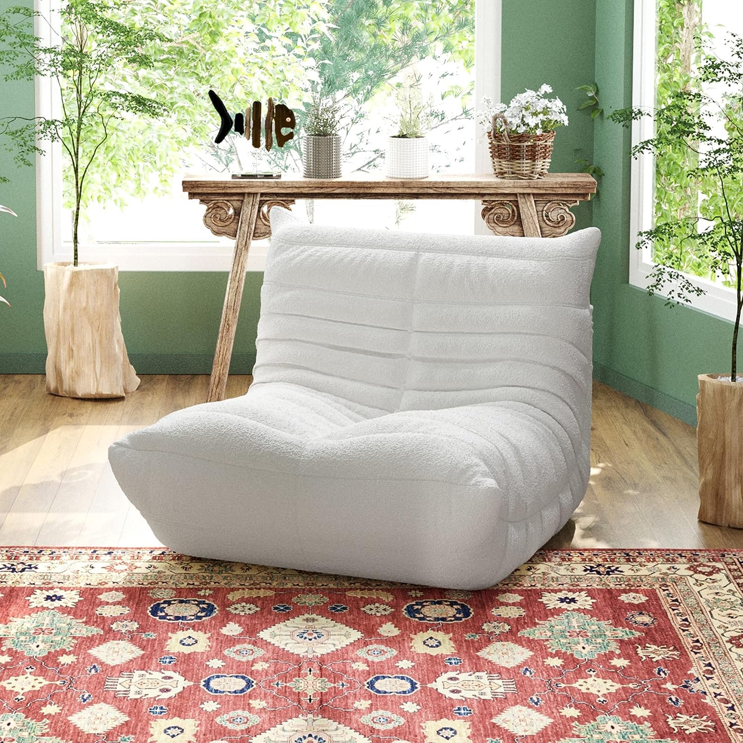 JACH 34" Comfy Lazy Floor Sofa Couch, Teddy Velvet Mohair Fireside Corner Bean Bag Chairs for Adults, Soft Lounge Foam-Filled Accent Single Chair for Living Room Bedroom Office Salon, Beige