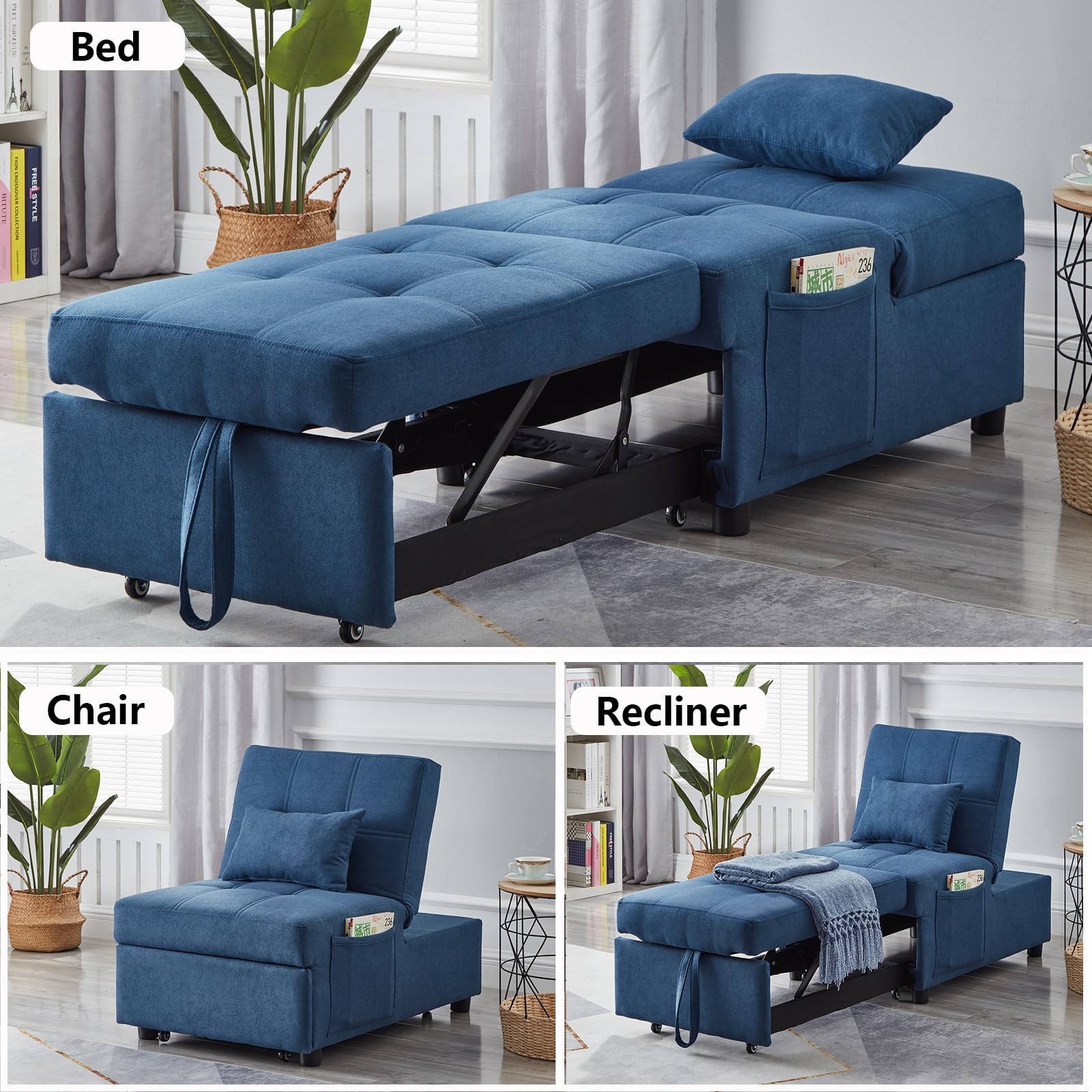 Convertible Sleeper Sofa Chair Bed, 3 in 1 Sleeper Chair Bed Ottoman with Adjustable Backrest, Pull Out Chair Bed with Pillow and Pocket, Sleeper Chair for Living Room, Apartment, Office (Blue)