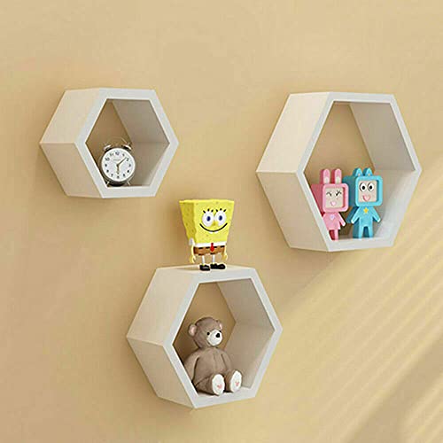 LOYALHEARTDY White Hexagon Floating Shelves 3Pcs Wall Mounted Shelf Wood Farmhouse Storage Honeycomb Wall Shelf