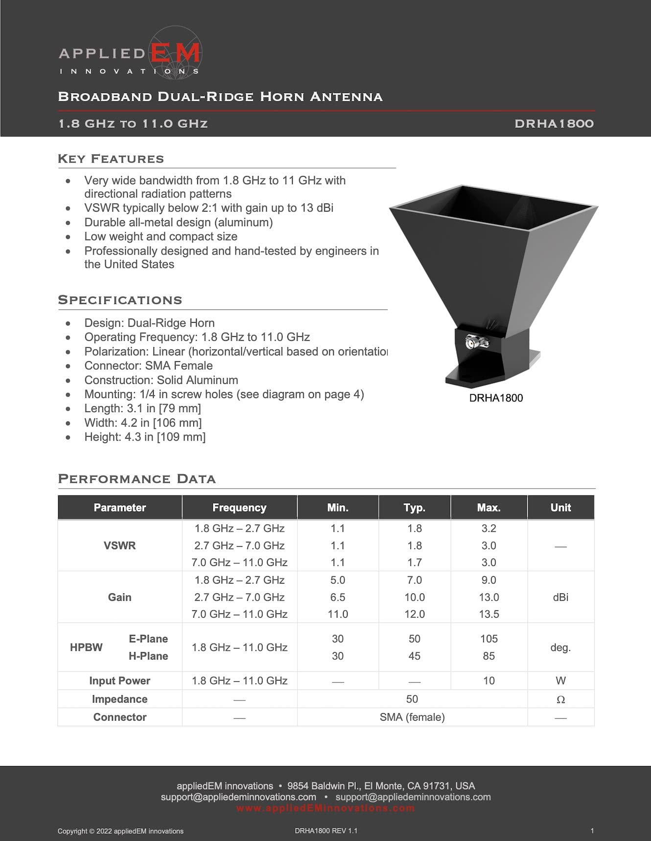 Wideband Dual-Ridge Horn Antenna (1.8 GHz to 11 GHz)