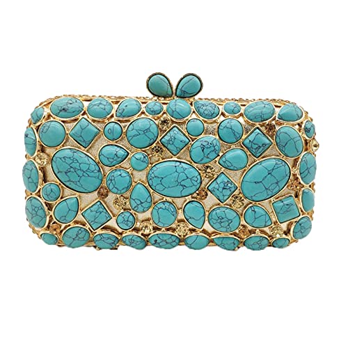Women's Evening Bag Women Banquet Purse Luxury Evening Bag Turquoise Stone Crystal Clutches Wedding Handbag (Color : Blue)