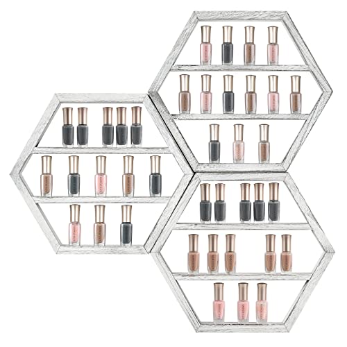 Essential Oils Storage Shelf Wall Mounted Rustic Nail Polish Rack Organizer Wood Farmhouse Hexagonal Floating Shelves for Bathroom Bedroom Living Room Office, Rustic White